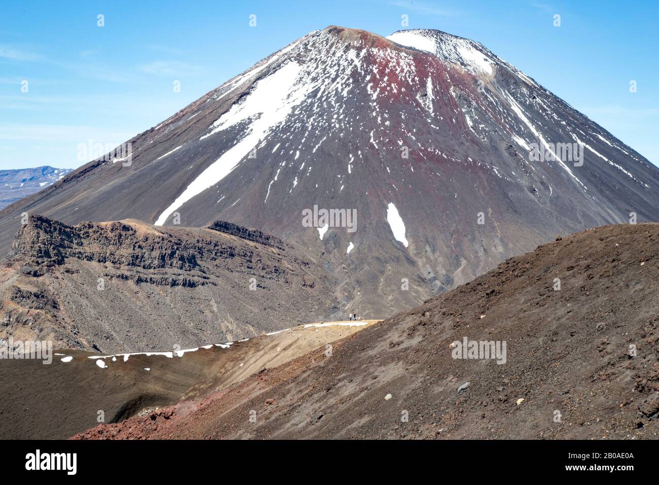 Volcanic dusty landscape, with one volcano with snow in the background ...