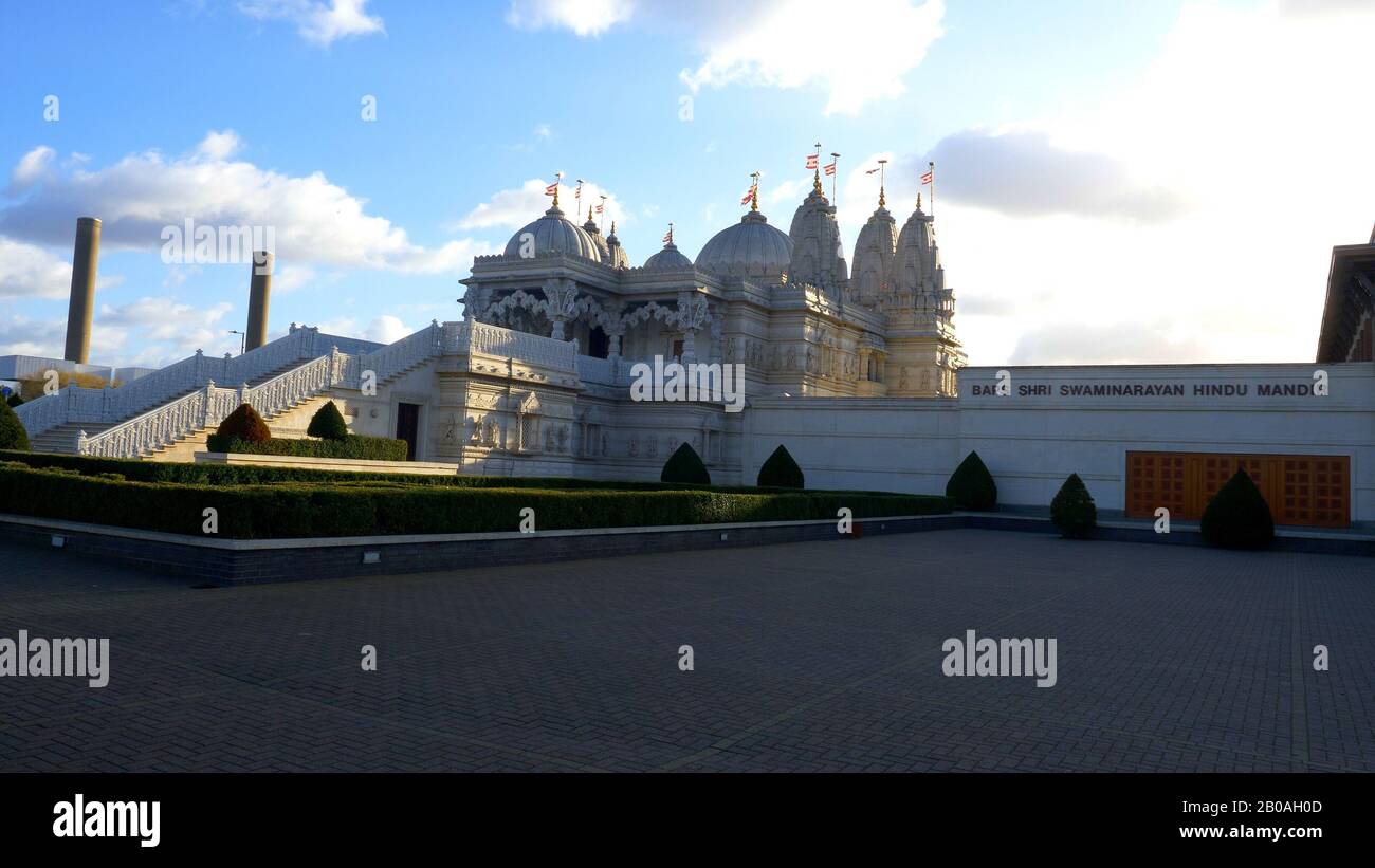 white angle view over Neasden Temple called BAPS Shri Swaminarayan ...