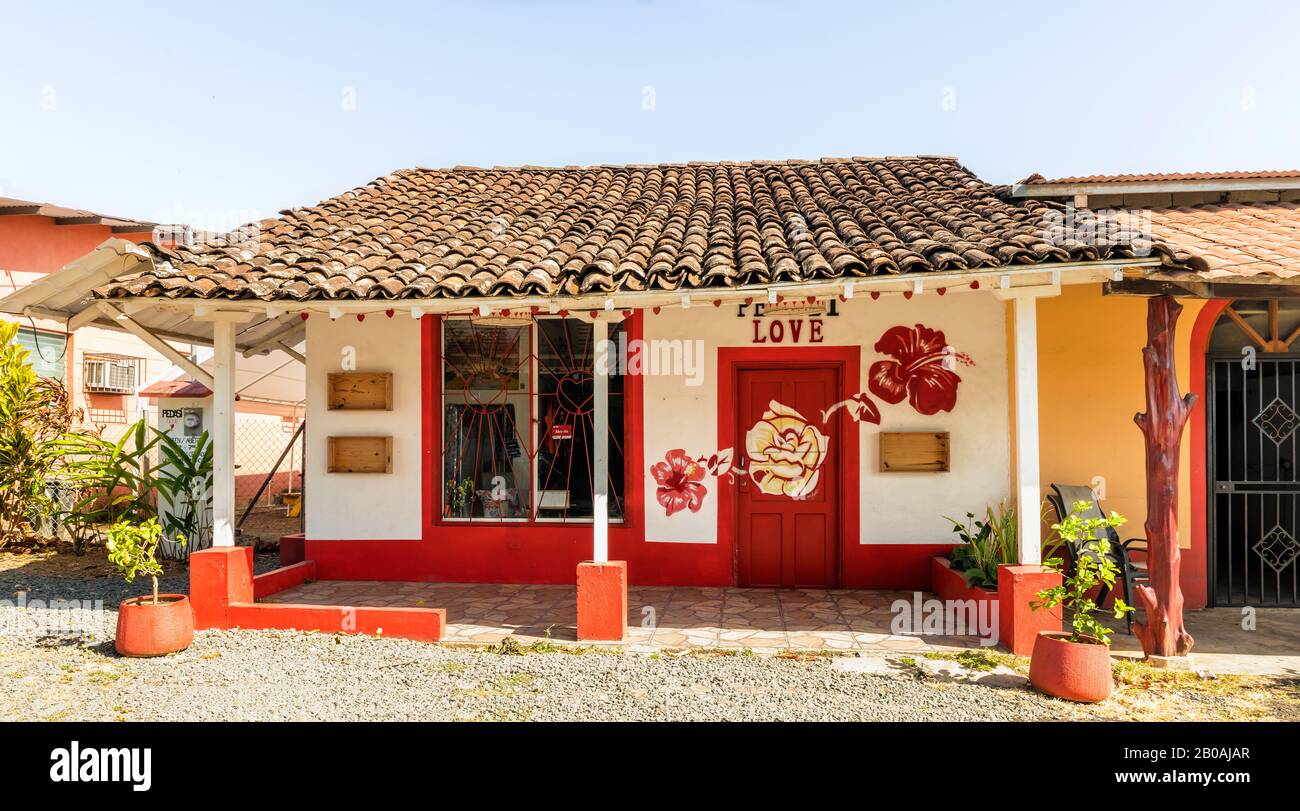 Pedasi, Panama - Feb 16, 2020: Colorful facade of the old colonial ...