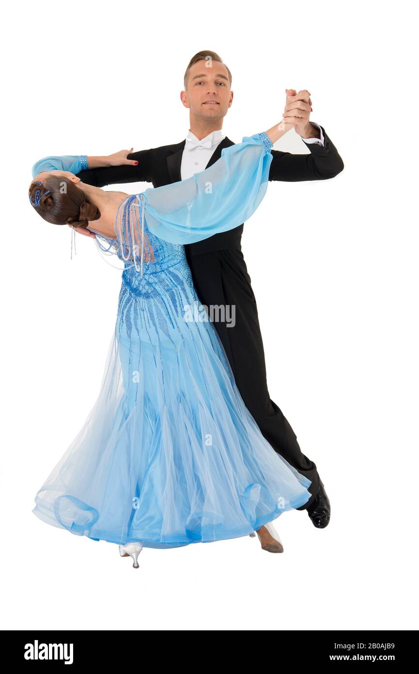 ballroom dance couple in red dress dance pose isolated on black ...