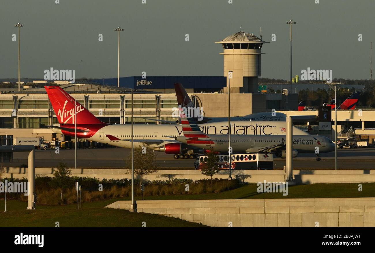 A Virgin Atlantic 747 airplane near the gate at Orlando International ...
