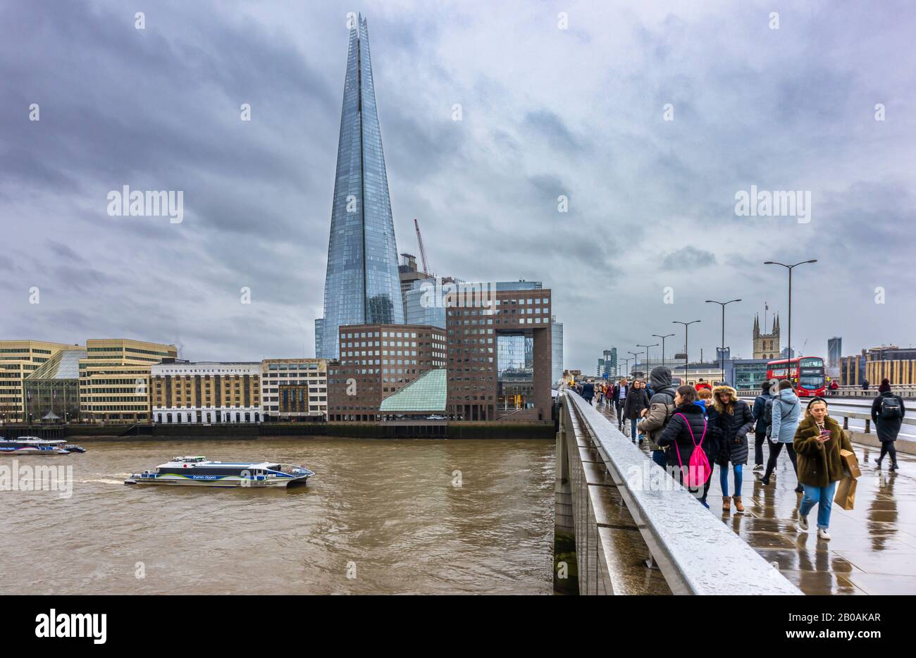 London Bridge over the River Thames with a view of the Shard and South ...