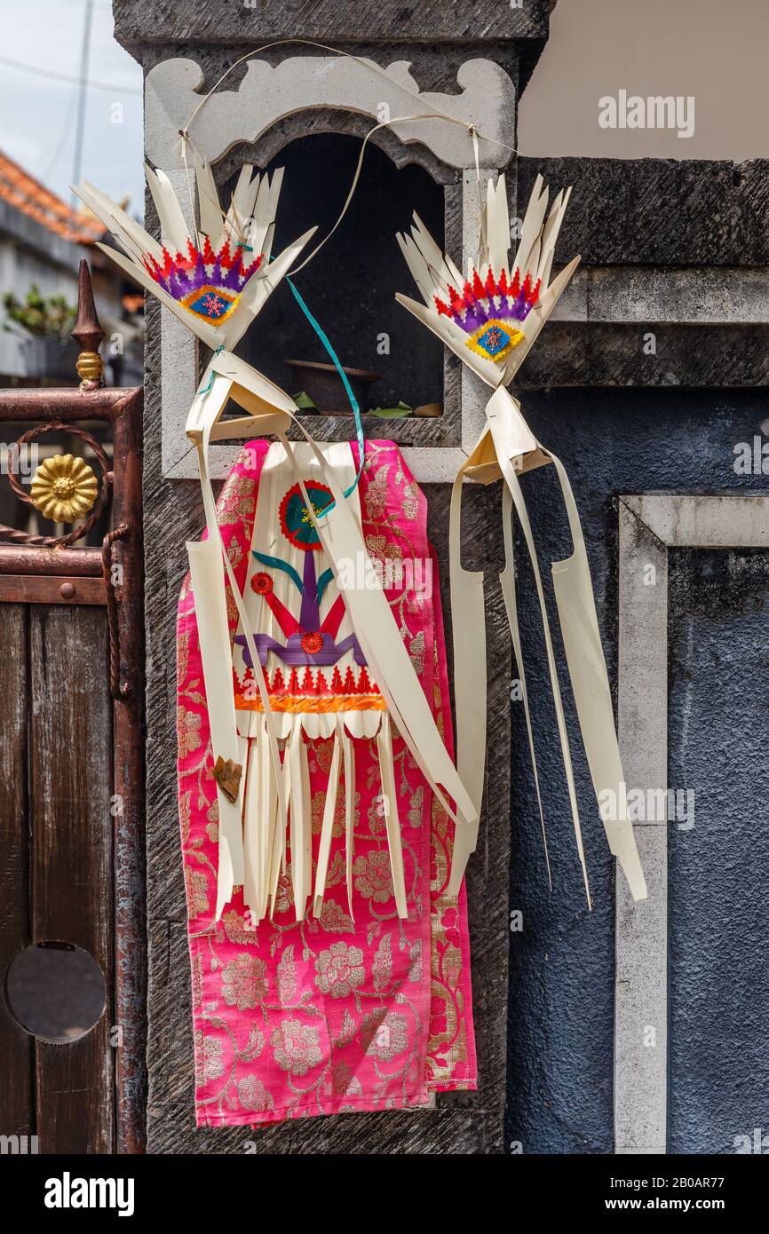 Balinese Hindu weaved altar decoration lamak and gantung-gantungan for ...