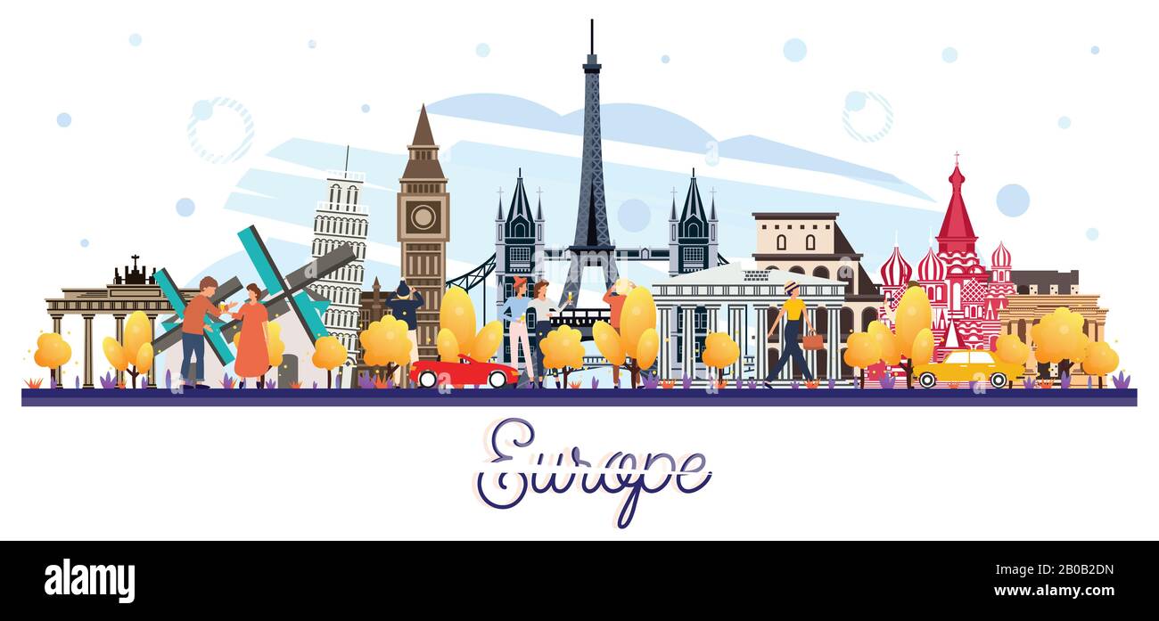 Famous Landmarks in Europe Isolated on White. Tourists Walking Near of ...