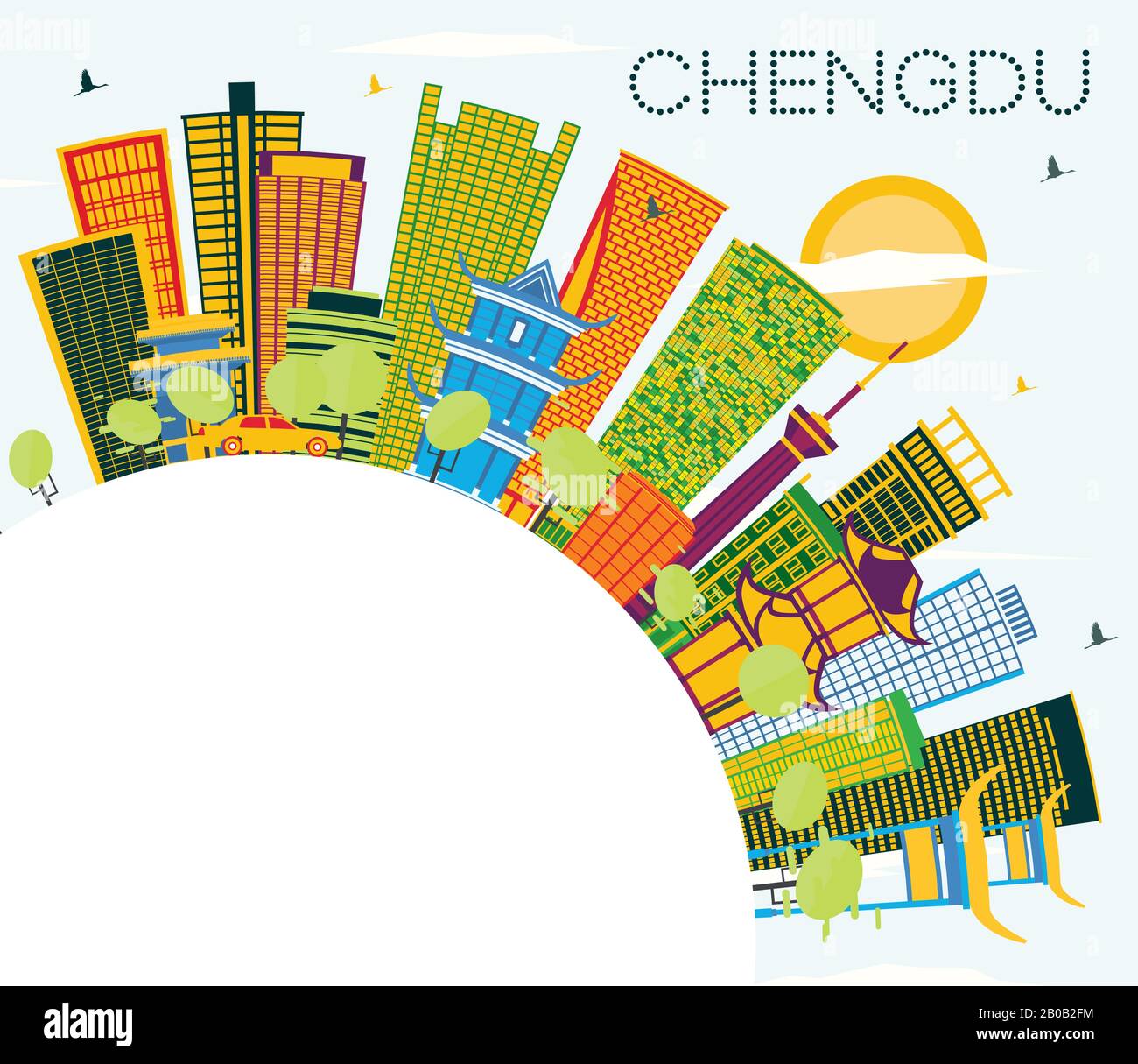 Chengdu China City Skyline with Color Buildings, Blue Sky and Copy ...