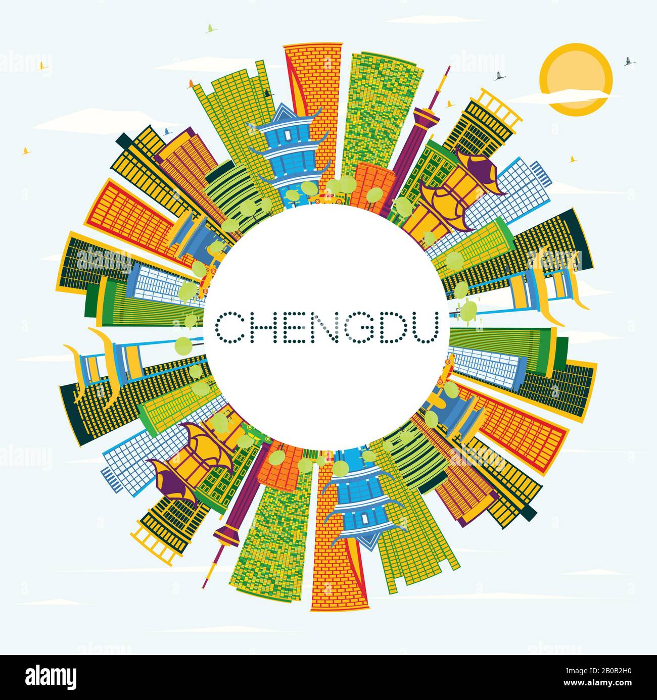 Chengdu China City Skyline with Color Buildings, Blue Sky and Copy ...