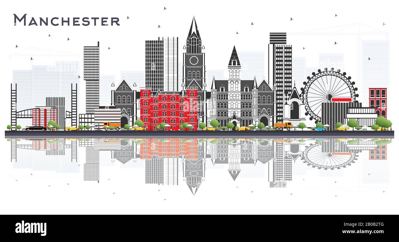 Manchester England City Skyline with Gray Buildings and Reflections ...