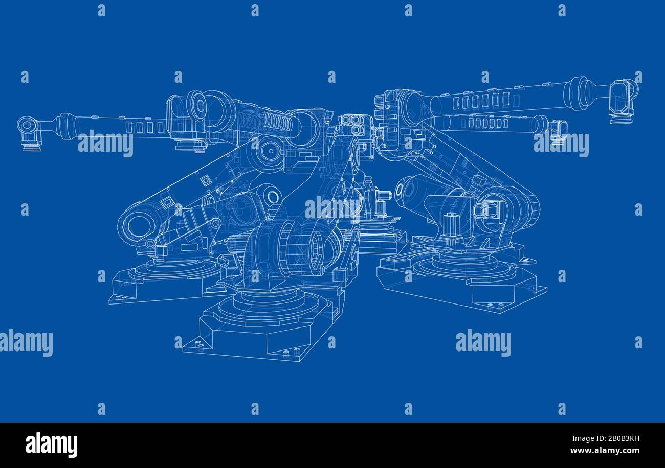 A industral robots manipulators. Blueprint style. Vector rendering from ...