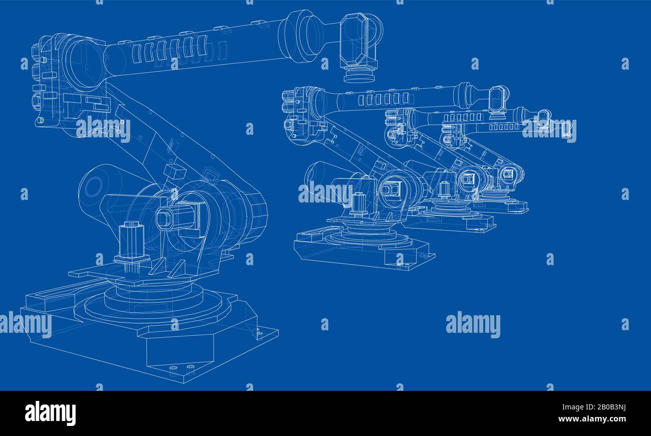 A industral robots manipulators. Blueprint style. Vector rendering from ...