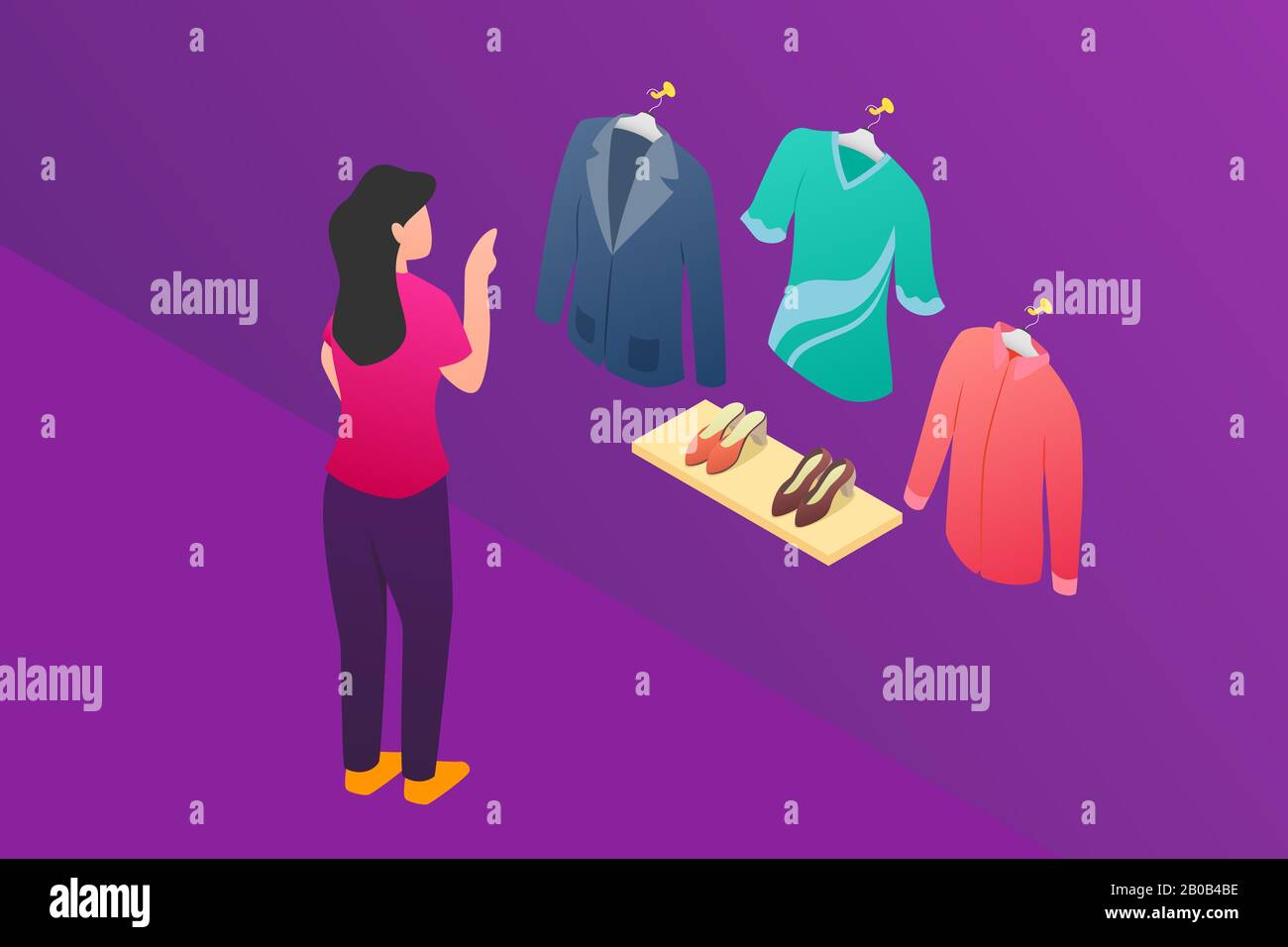 woman choose clothes with various model and shoes collection vector ...