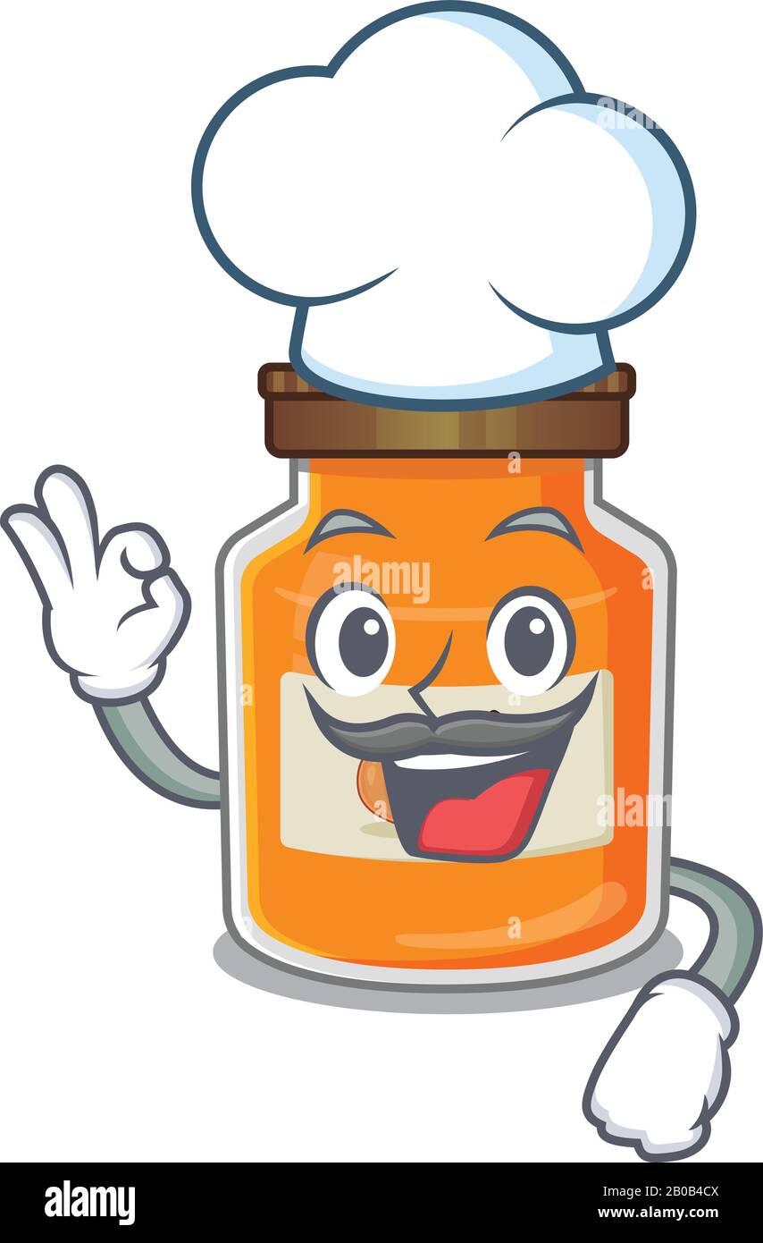 Peach jam cartoon character working as a chef and wearing white hat ...