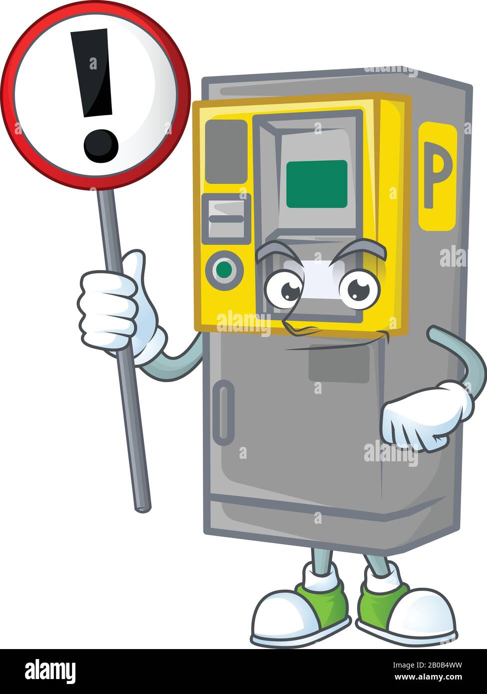 Cartoon character design of parking ticket machine rise up a broad ...