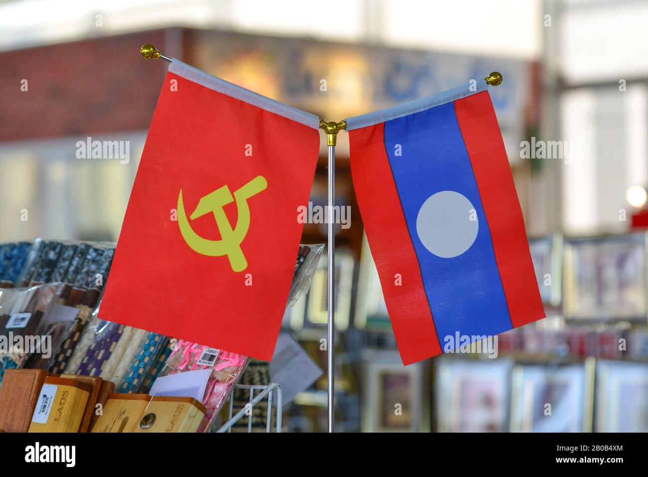 Vientiane, Laos - Jan 29, 2020. Lao National flag with Communism flag ...