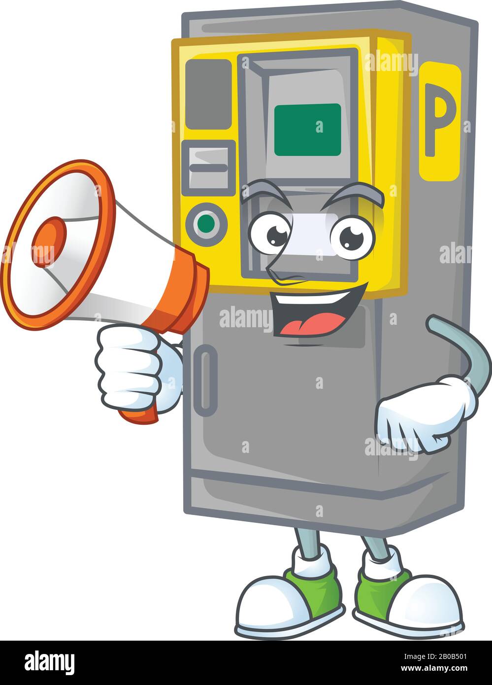 A chilly cartoon character of parking ticket machine with a megaphone ...