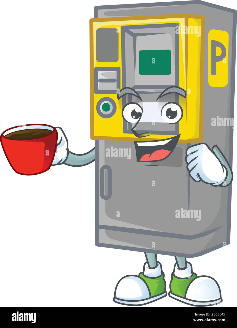 Cool parking ticket machine cartoon character with a cup of coffee ...