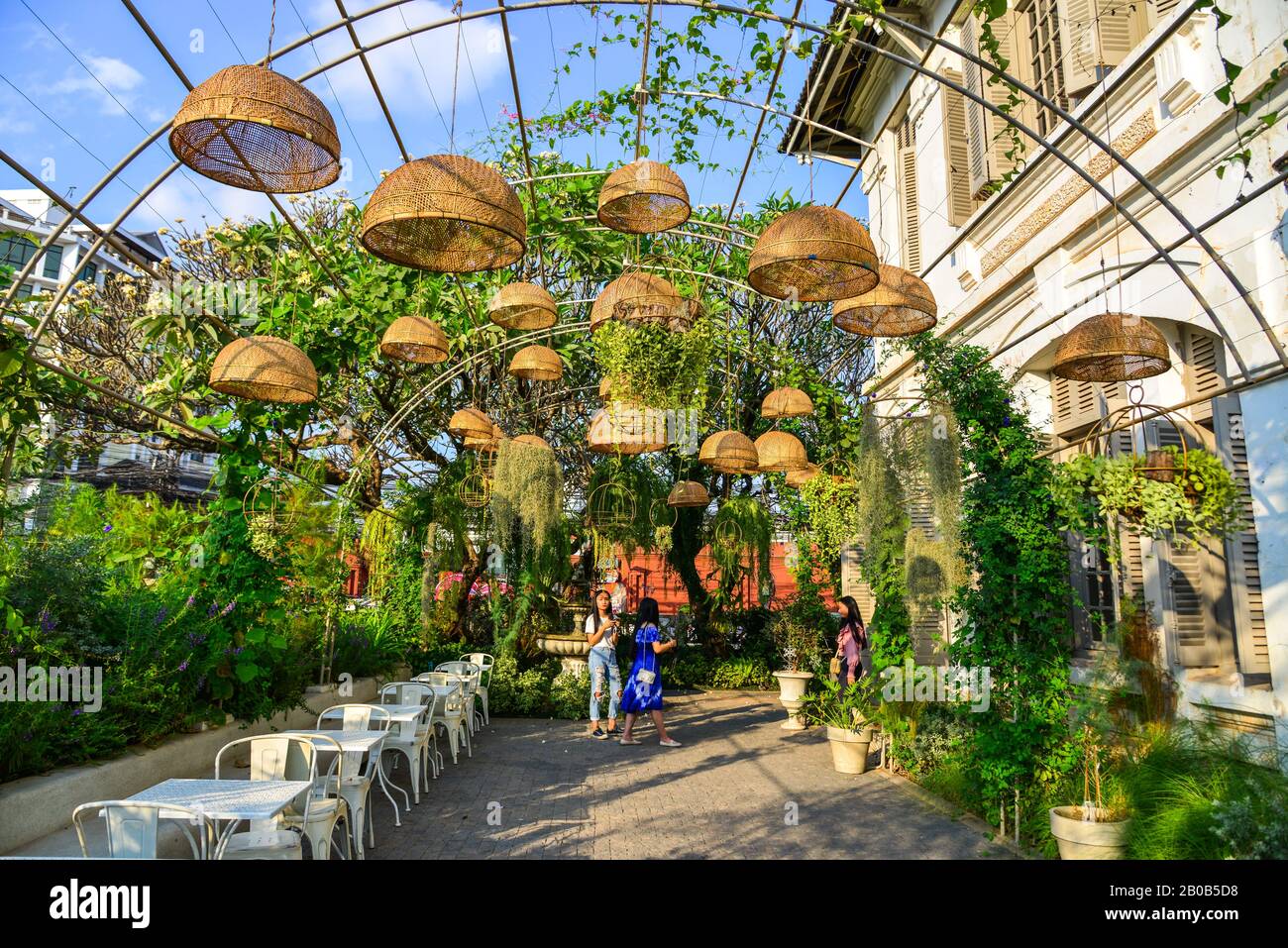 Vientiane, Laos - Jan 29, 2020. Green garden of vintage coffee shop in ...