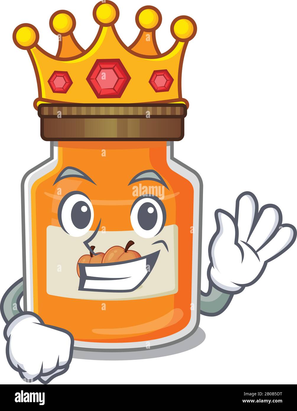 A cartoon mascot design of peach jam performed as a King on the stage ...