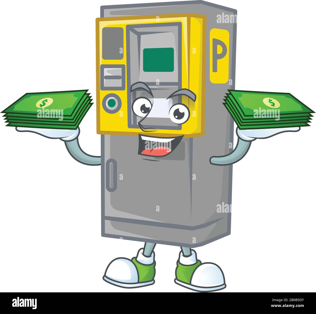 rich and famous parking ticket machine cartoon character with money on ...
