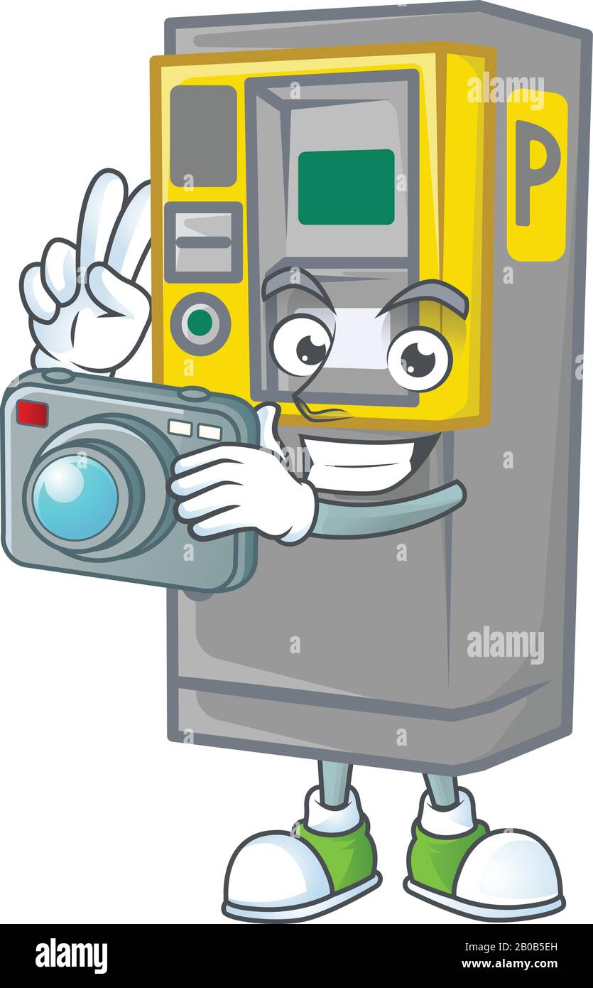 A parking ticket machine Photographer cartoon character in action with ...