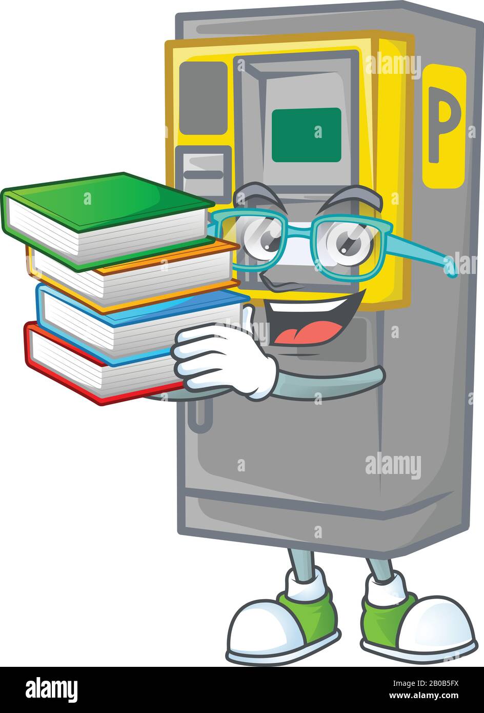 A brainy clever cartoon character of parking ticket machine studying ...