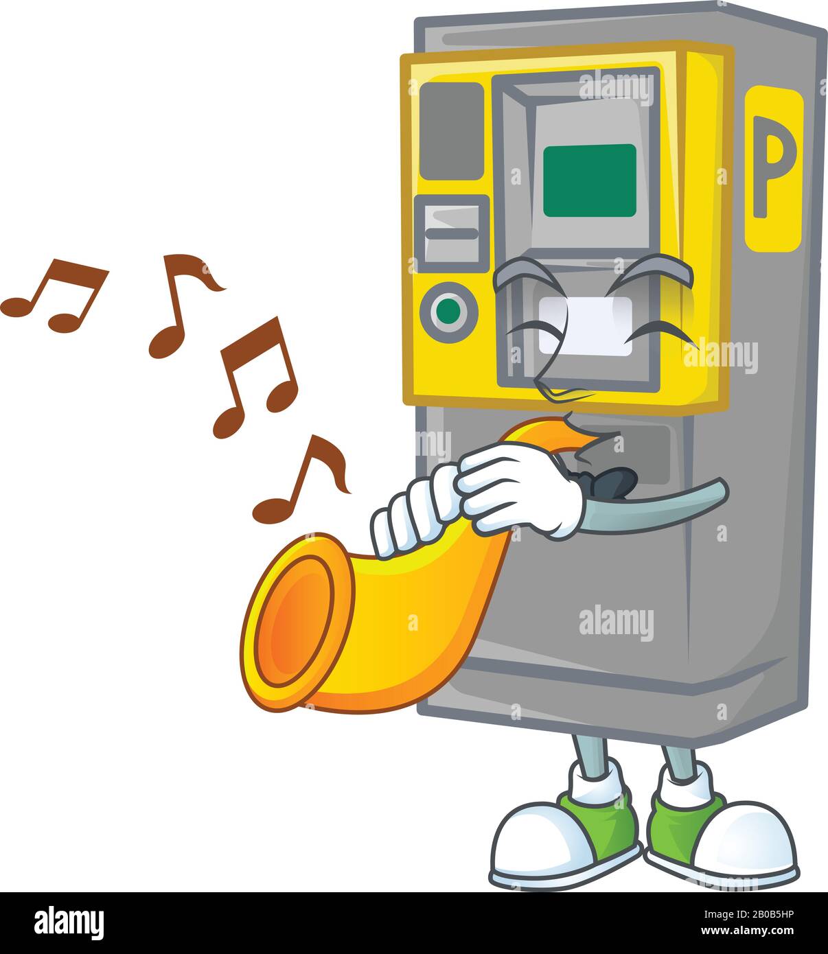 cartoon character style of parking ticket machine playing a trumpet ...