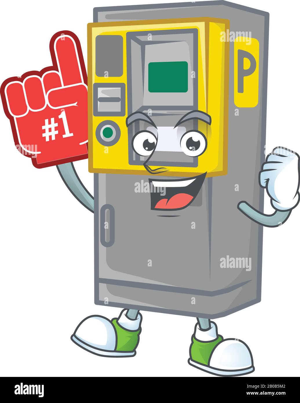 A cartoon design of parking ticket machine holding a Foam finger Stock ...