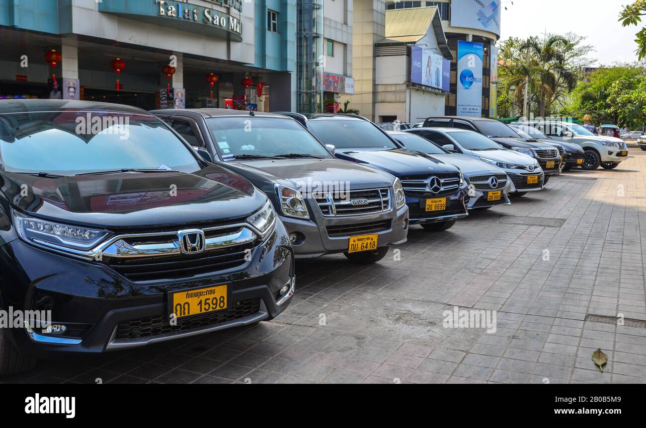 Vientiane, Laos - Jan 29, 2020. Car parking lot in downtown of ...
