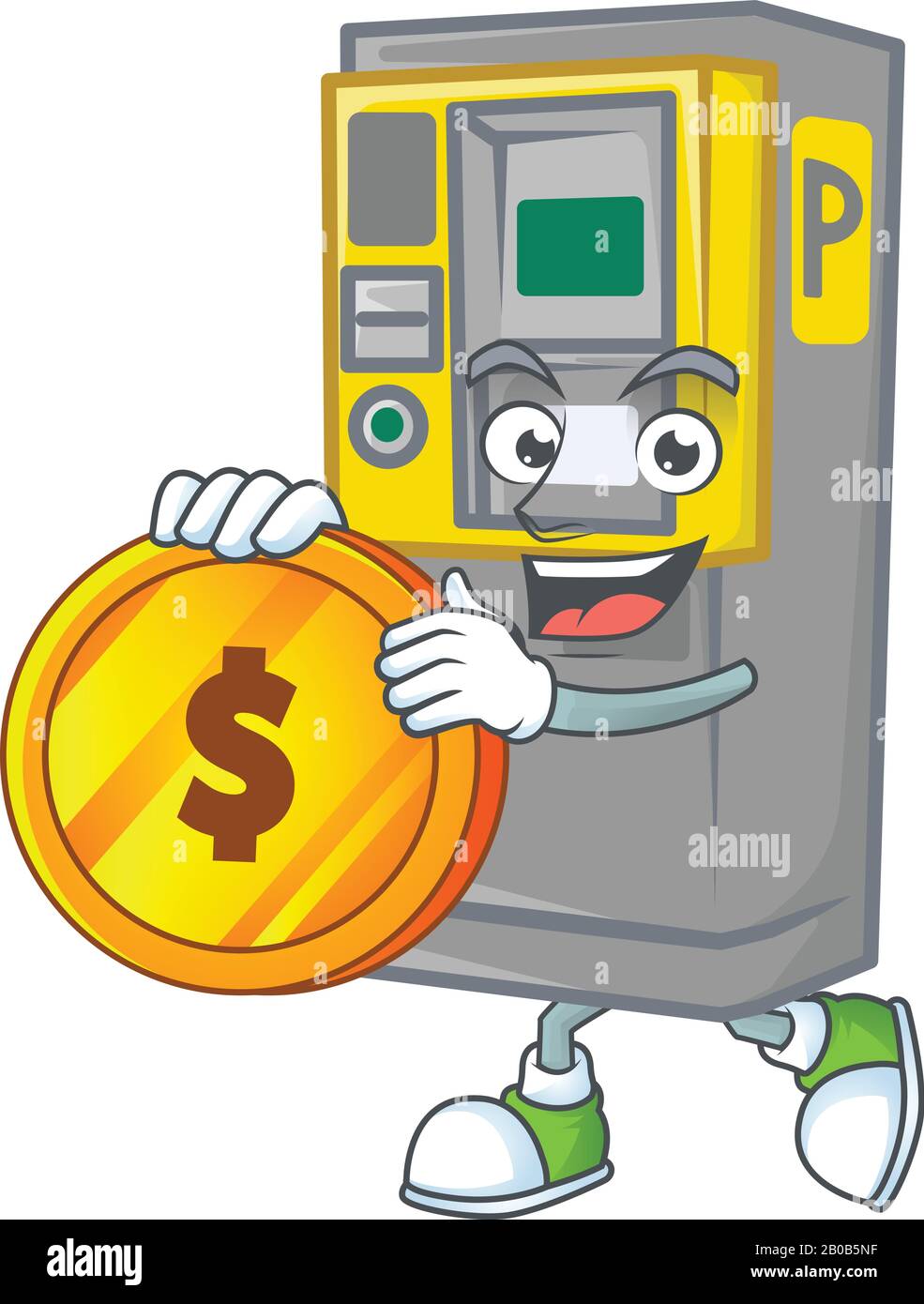an elegant parking ticket machine mascot cartoon design with gold coin ...