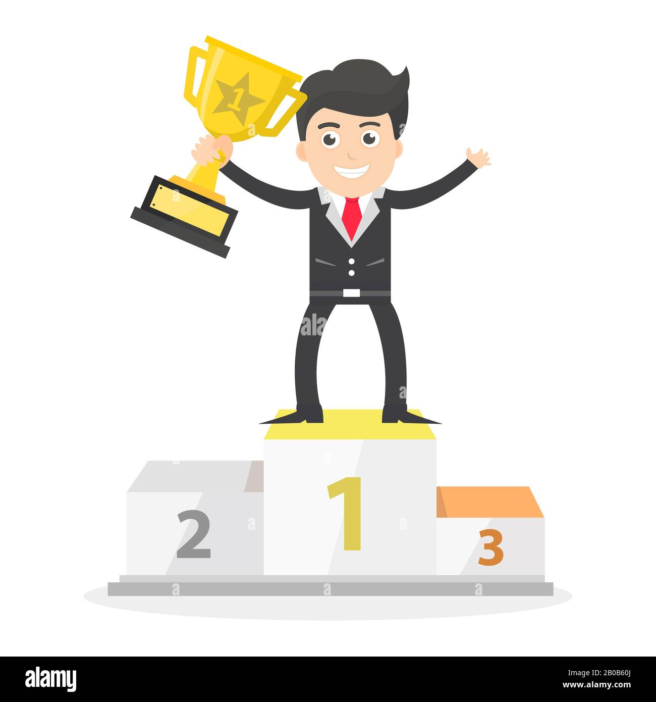 Successful businessman lift the trophy to victory on the podium vector ...