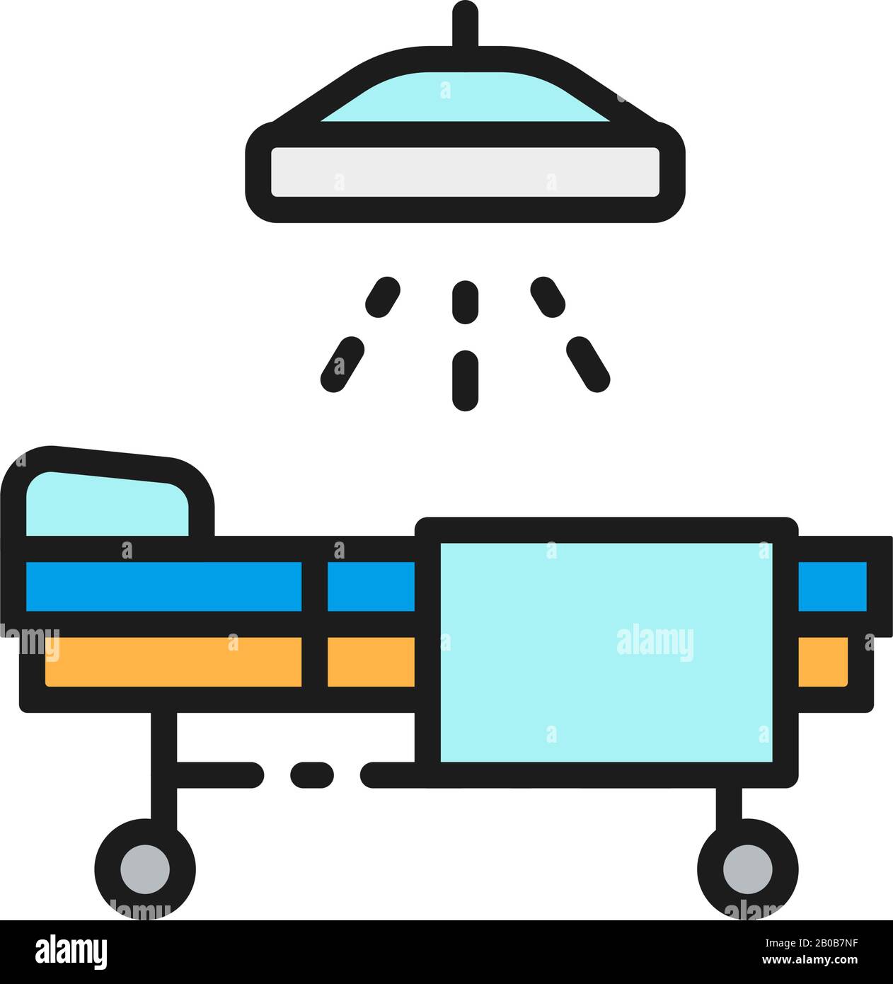 Operating table, hospital bed with medical equipments color line icon ...
