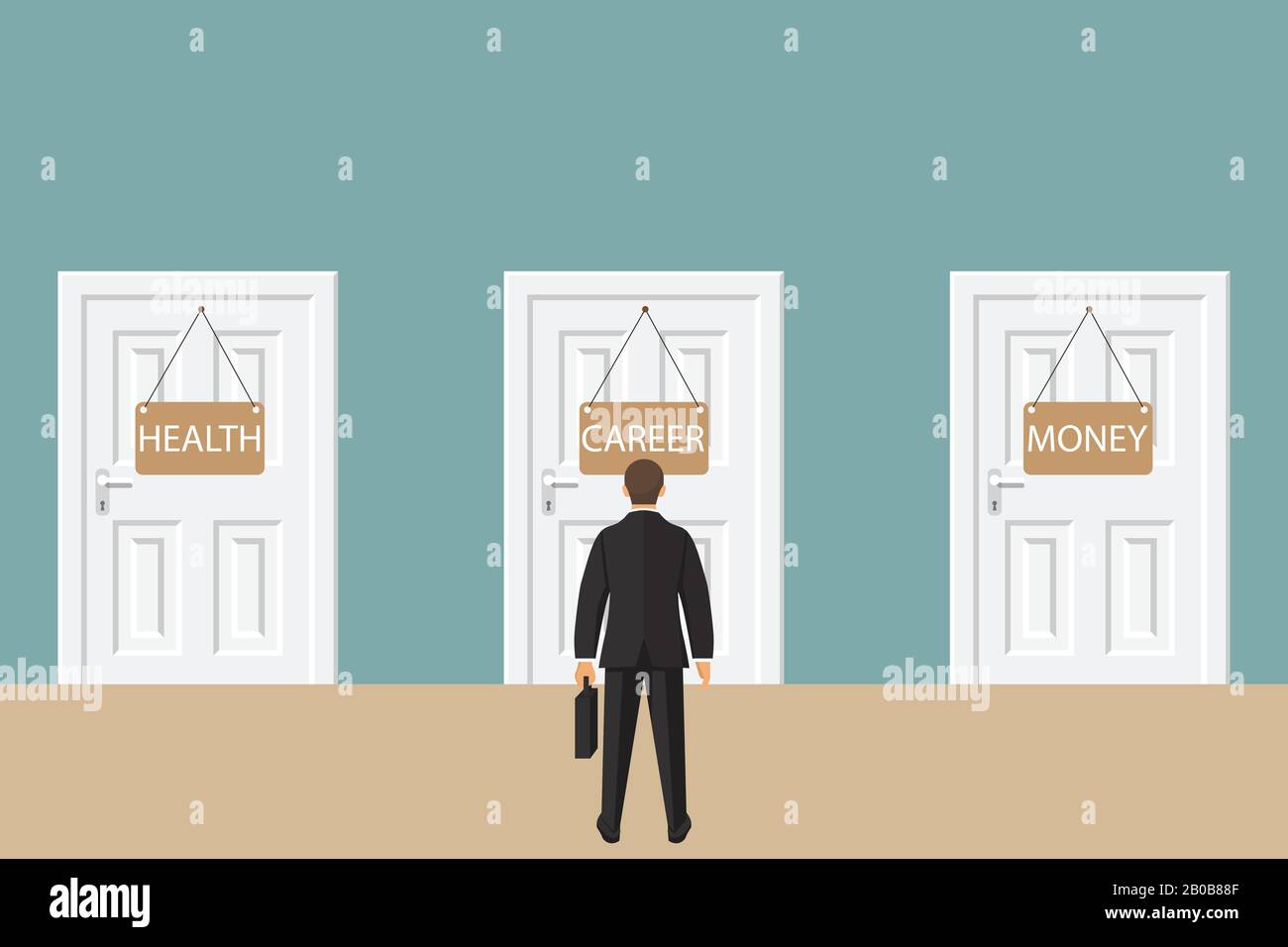 Choice way concept. Man stading in front of two closed doors. Decide ...