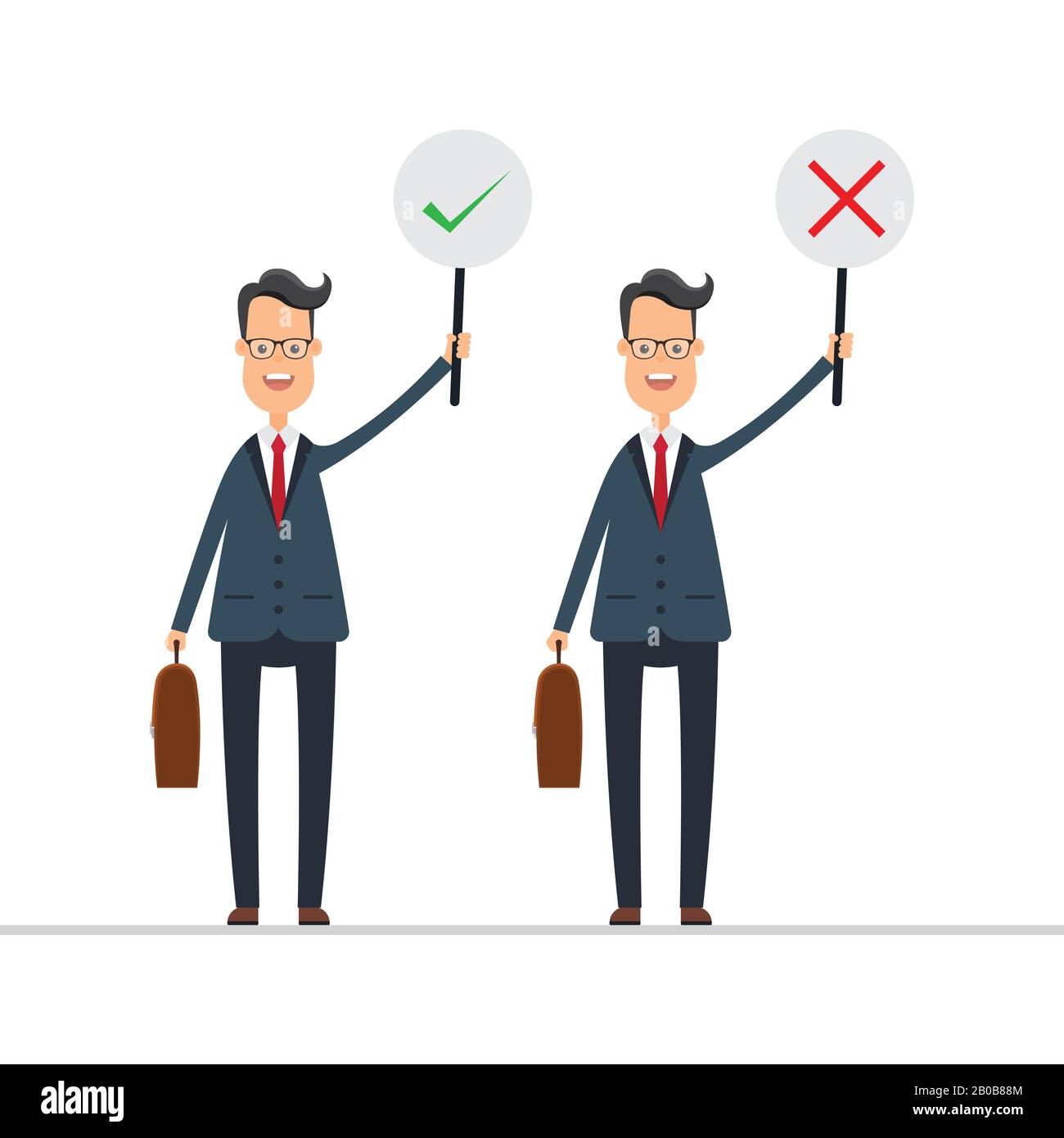 Businessman in blue suit hold right and wrong sign. Vector illustration ...