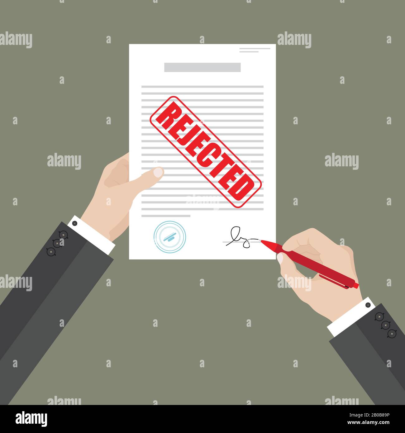 Businessman hold rejected document with left hand and sign it with ...