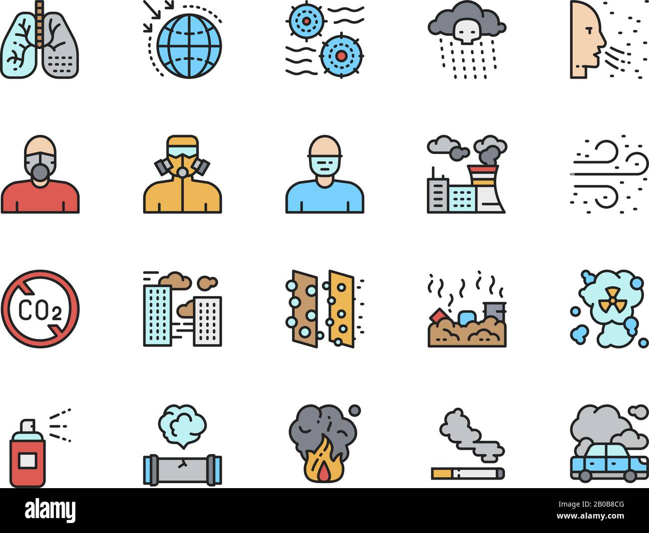 Set of Pollution Flat Color Line Icons. Air Dust, Protective Mask, Smog ...