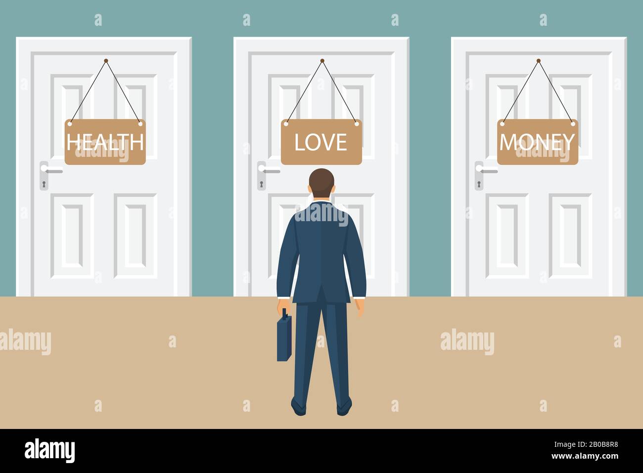 Choice way concept. Man stading in front of two closed doors. Decide ...