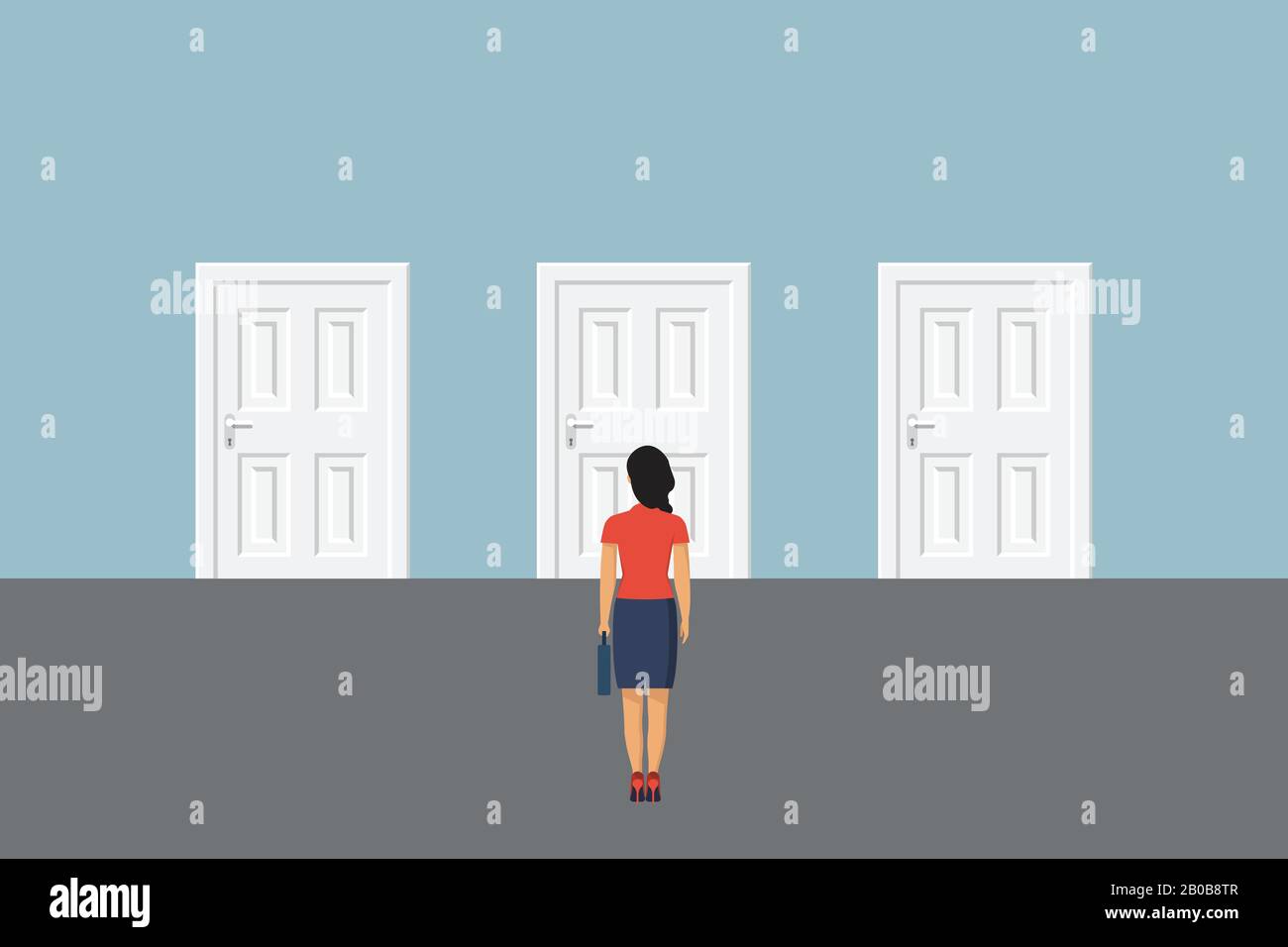 Choice way concept. Businesswoman stading in front of three closed ...