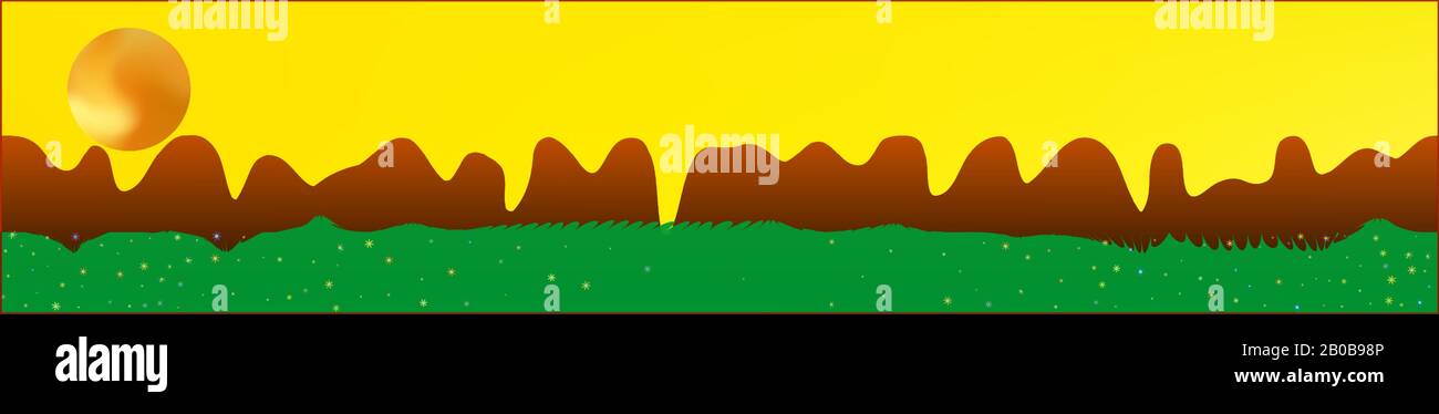 Yellow sky, and mountains landscape. Fairy tale panoramic landscape ...