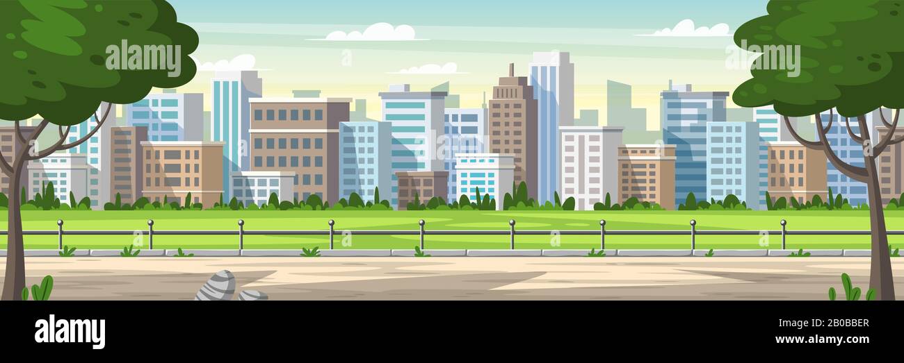 Panorama cityscape with park and trees. Cartoon Vector Illustrations ...