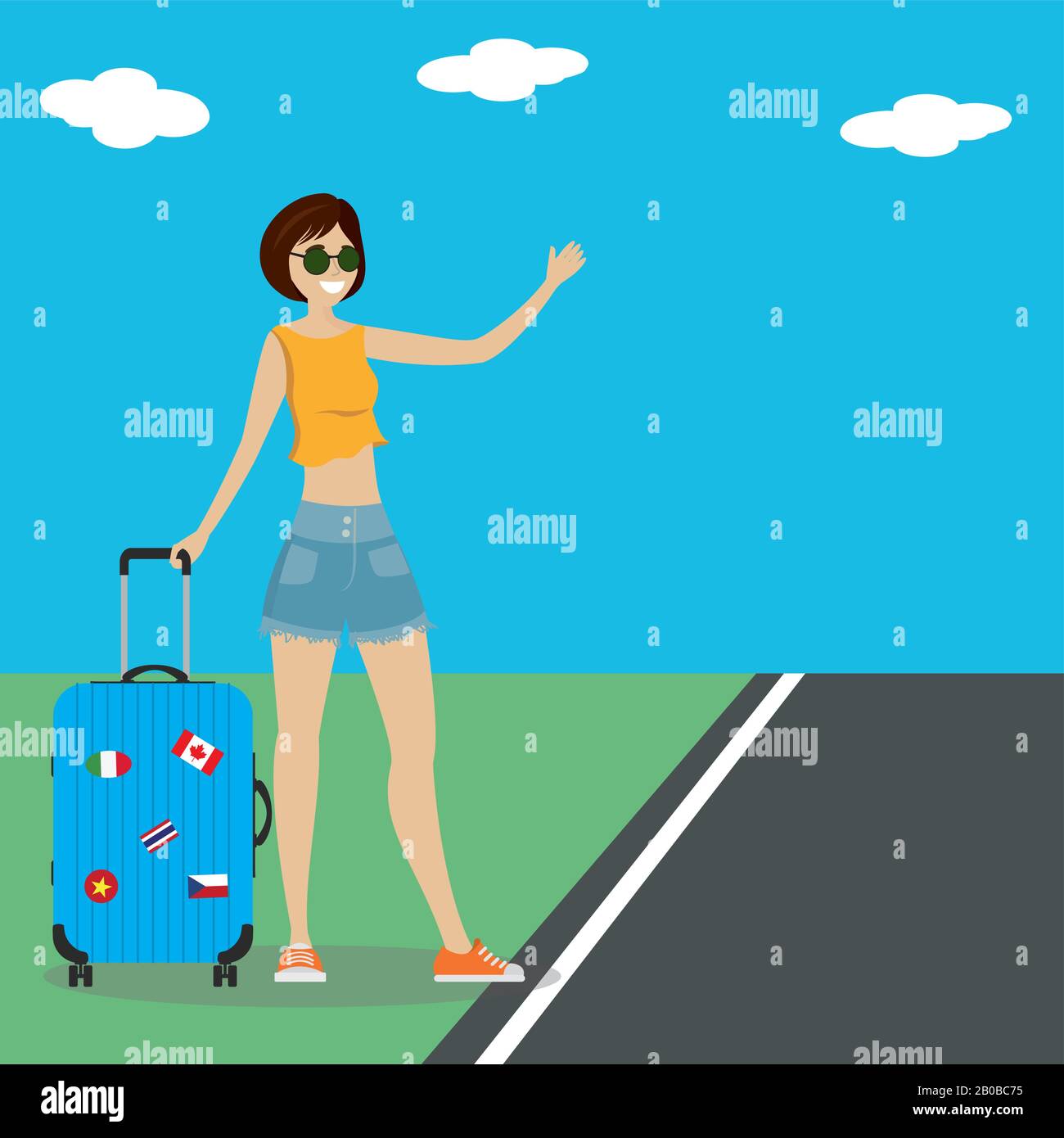 Caucasian woman with suitcase hitchhiking on the roadside.Cartoon happpy female catching a taxi ...