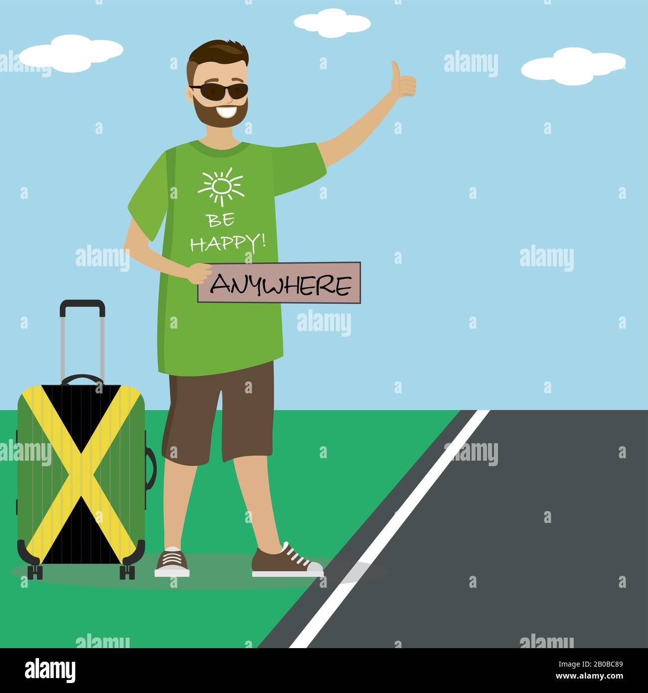 Caucasian man with suitcase hitchhiking.Cartoon happpy male with sign ...