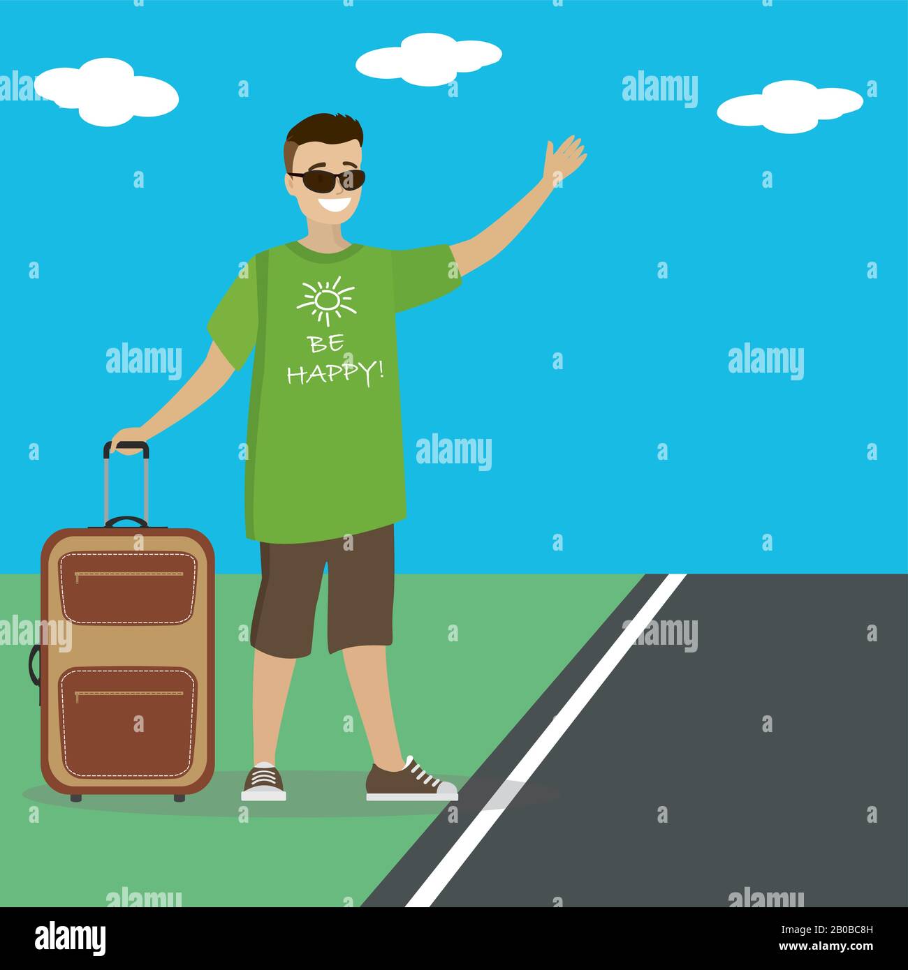Caucasian man with suitcase hitchhiking on the roadside.Cartoon happpy ...