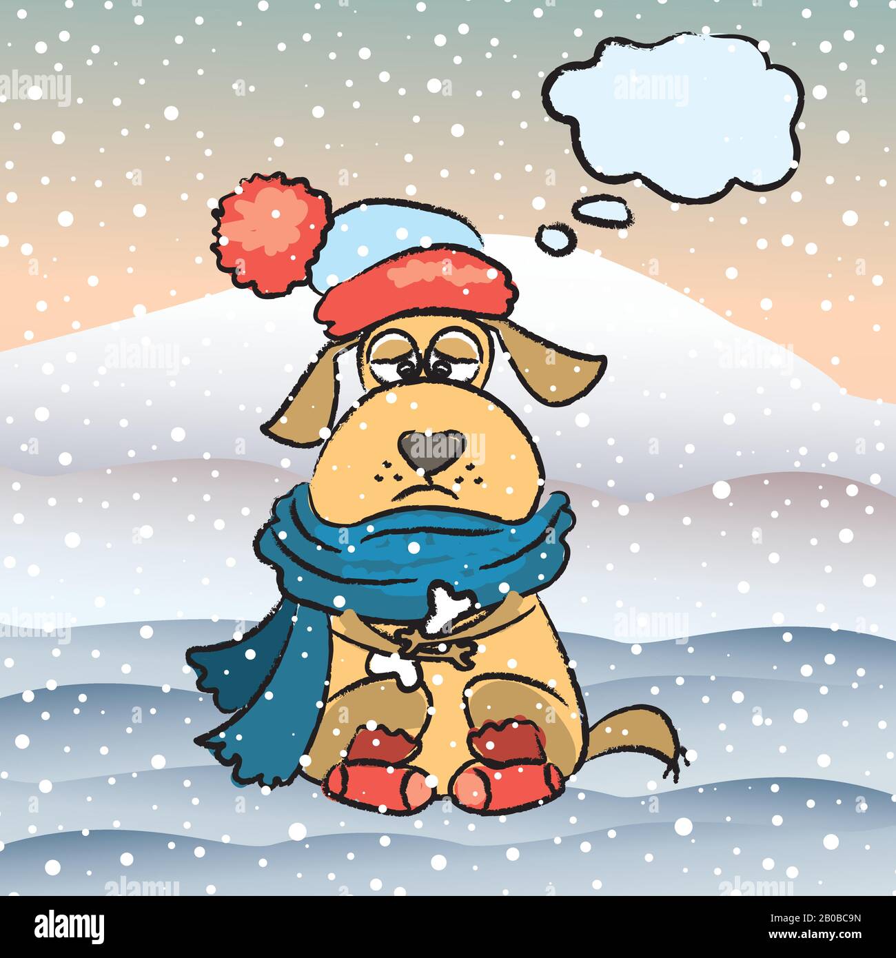 Sad dog with bone,hat and scarf,winter stress concept,hand drawn vector ...