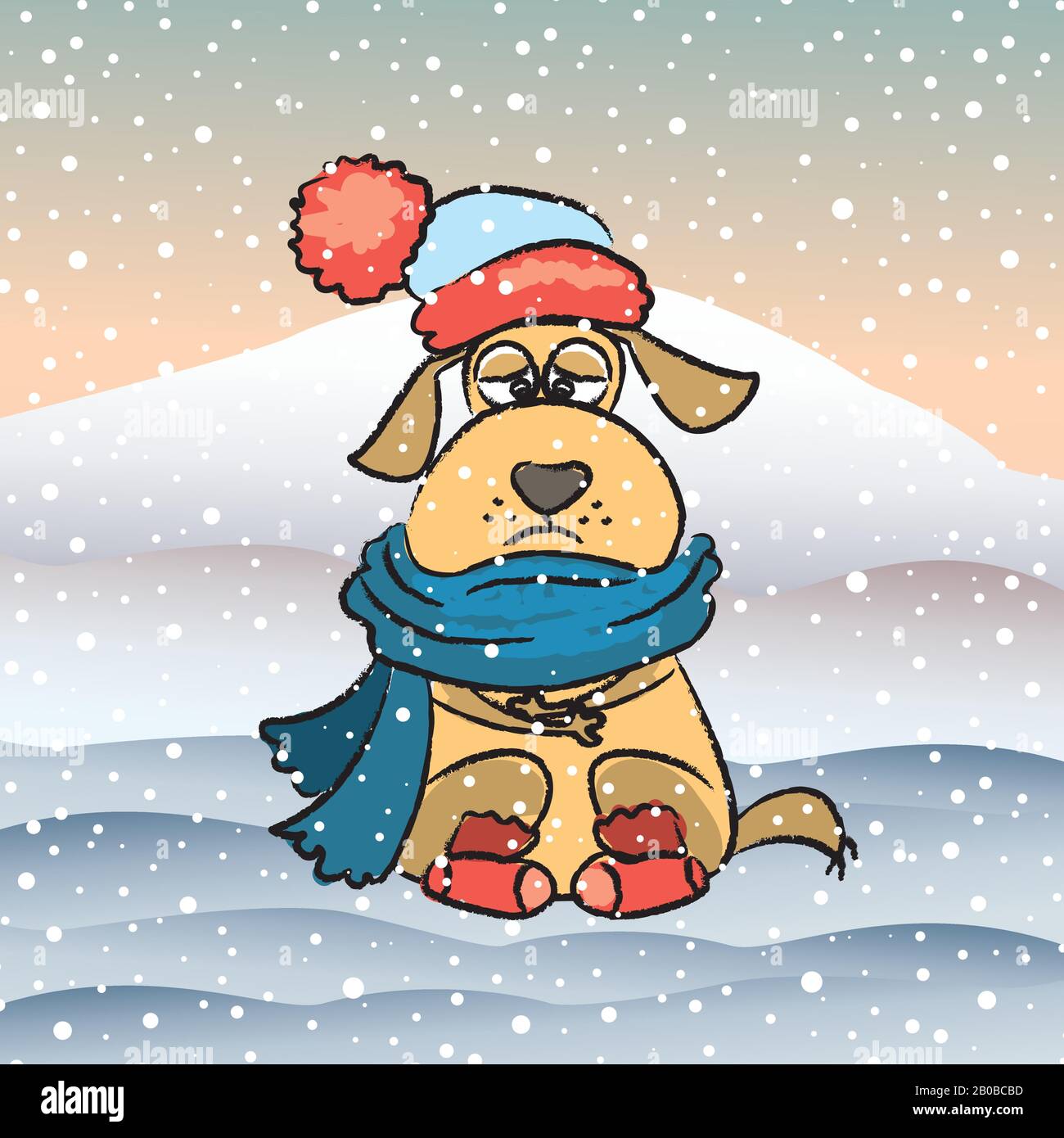 Sad dog with hat and scarf,winter stress concept,hand drawn vector ...