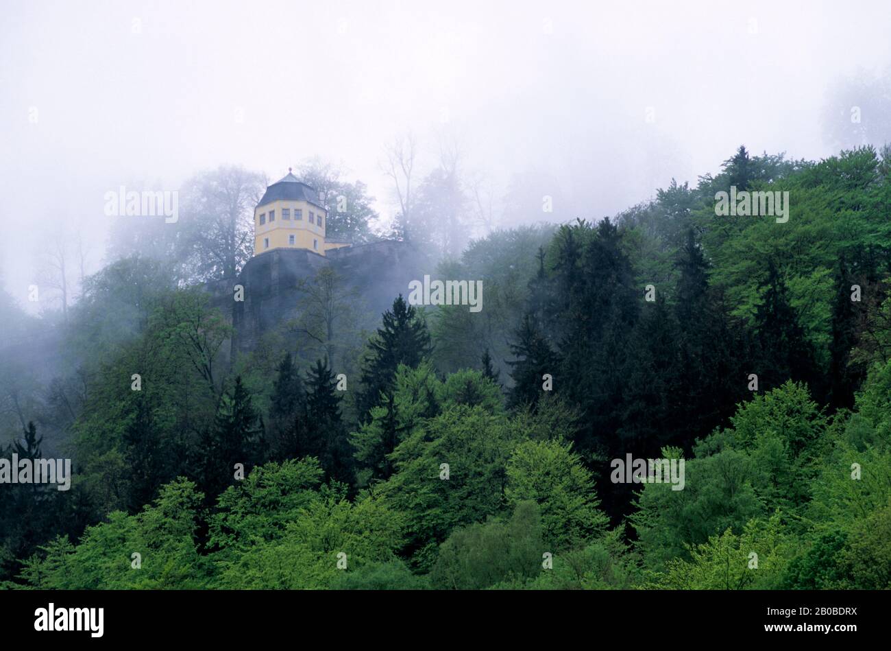 GERMANY, SAXONIAN SWITZERLAND, ELBE RIVER, CASTLE KONIGSTEIN, RAIN ...