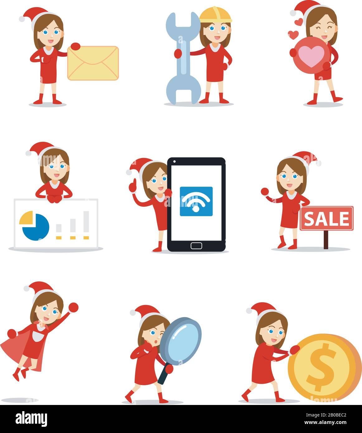 Set of character female Santa Claus waving and saying hello to the kids ...