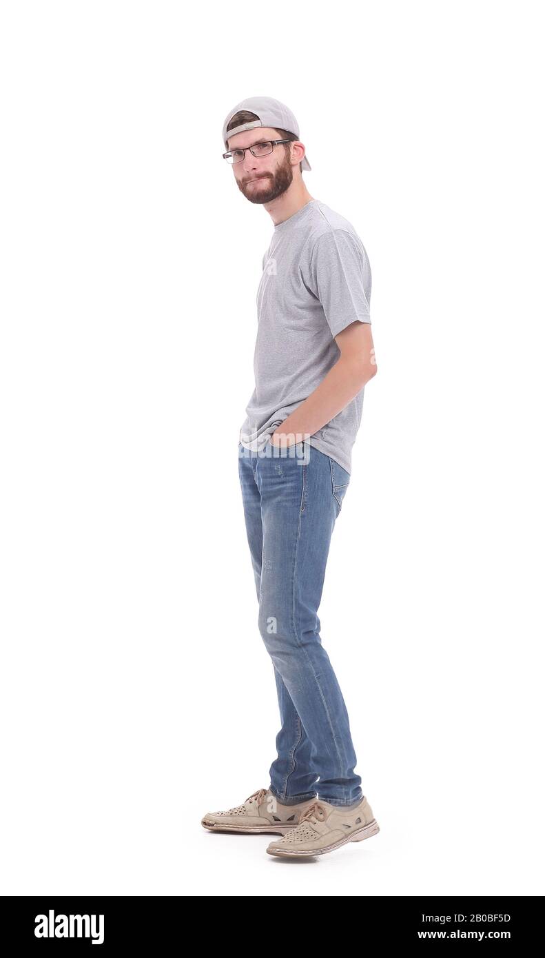 side view. smiling guy in a baseball cap Stock Photo - Alamy