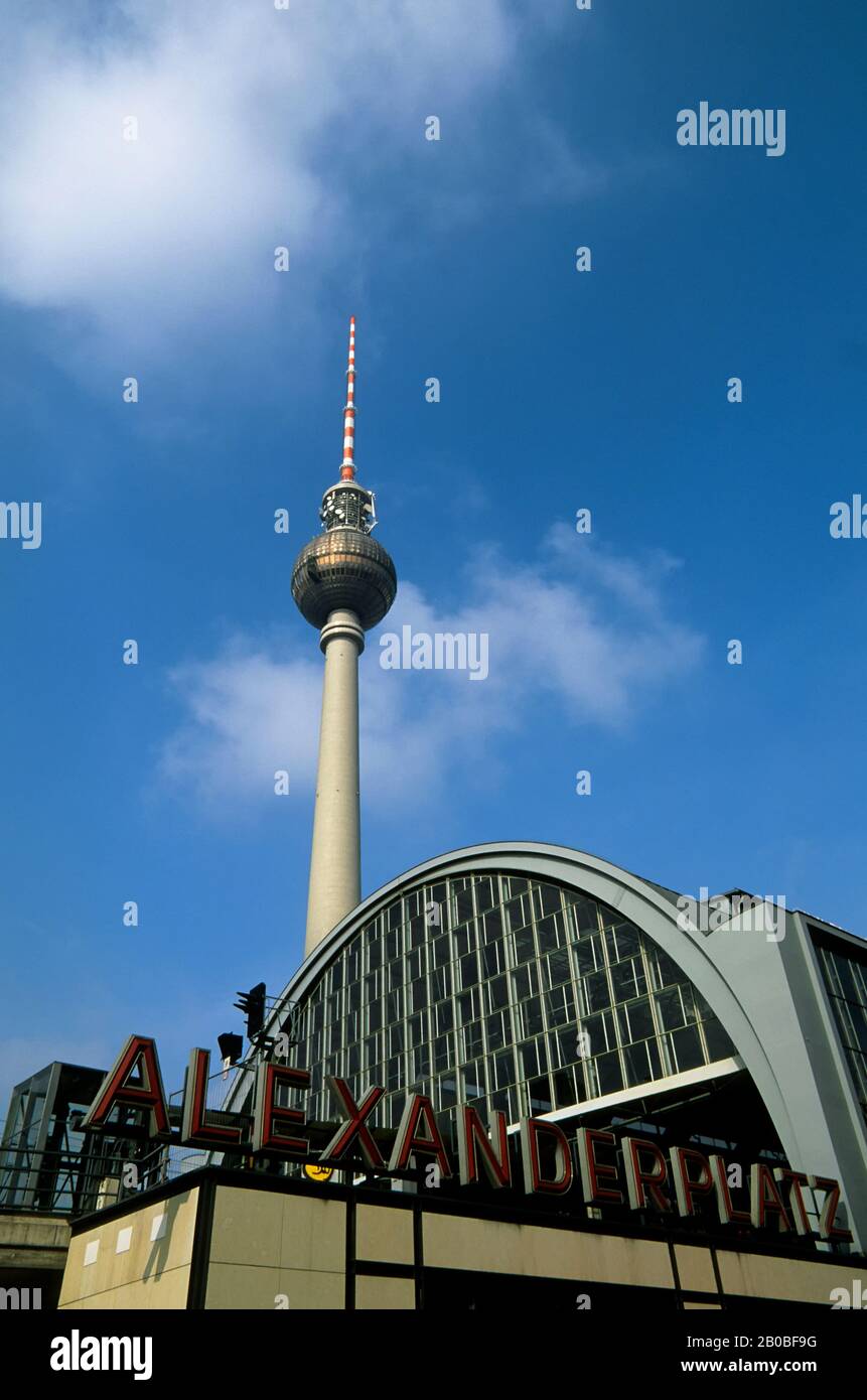 GERMANY, BERLIN, ALEXANDER SQUARE WITH TELEVISION TOWER AND TRAIN ...
