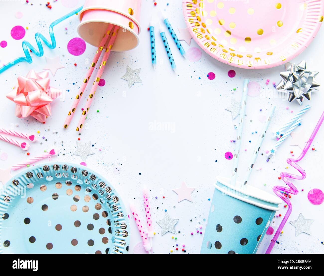 Birthday decorations. Table setting from above with free text space ...