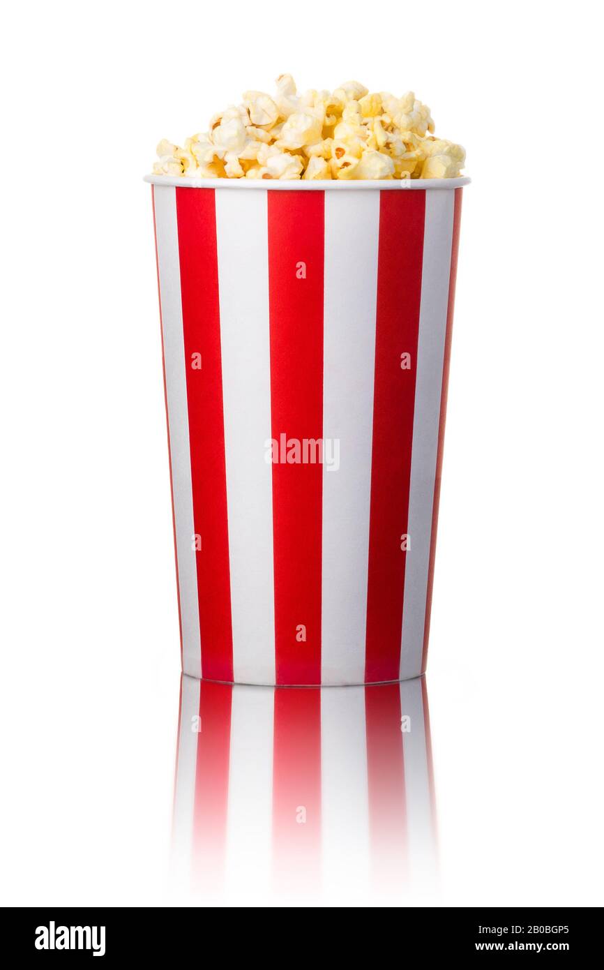 Paper striped bucket with popcorn isolated on white background Stock ...