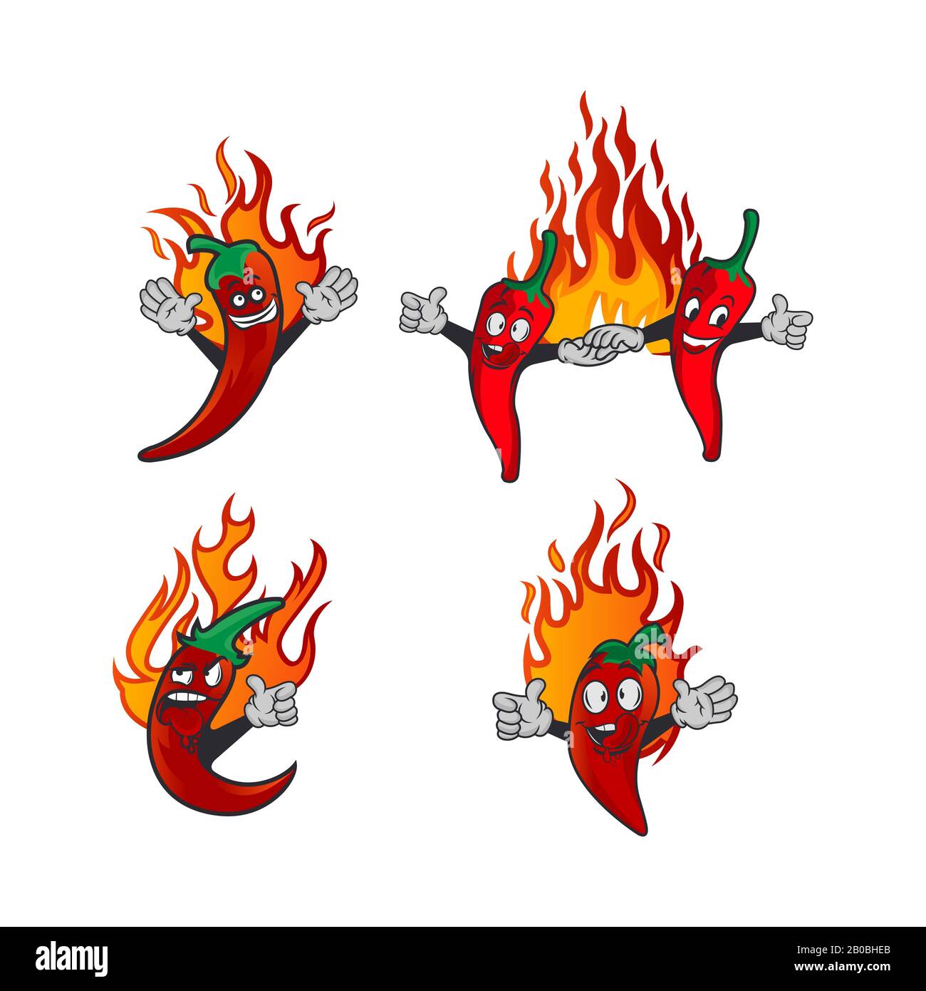 Vector set illustration of a spicy chilli peppers with flame. Cartoon ...